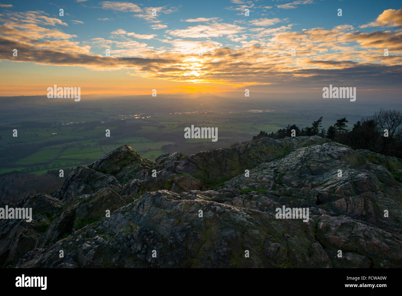 Sunset over the Stretton Hills from the Wrekin, Shropshire, England ...