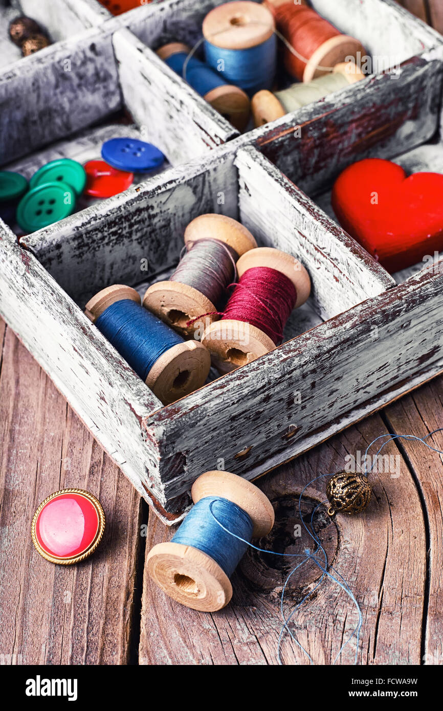 Wooden sewing box with threads,buttons and symbolic heart Stock Photo ...