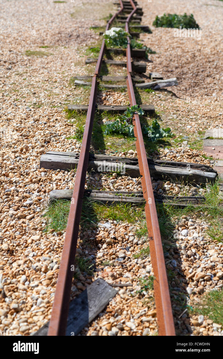 Abandoned and rusty transport tracks in Dungeness, Kent, England Stock ...