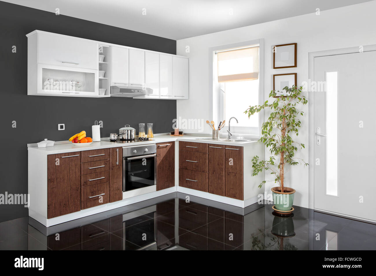 Interior of a modern kitchen, wooden furniture, simple and clean Stock ...