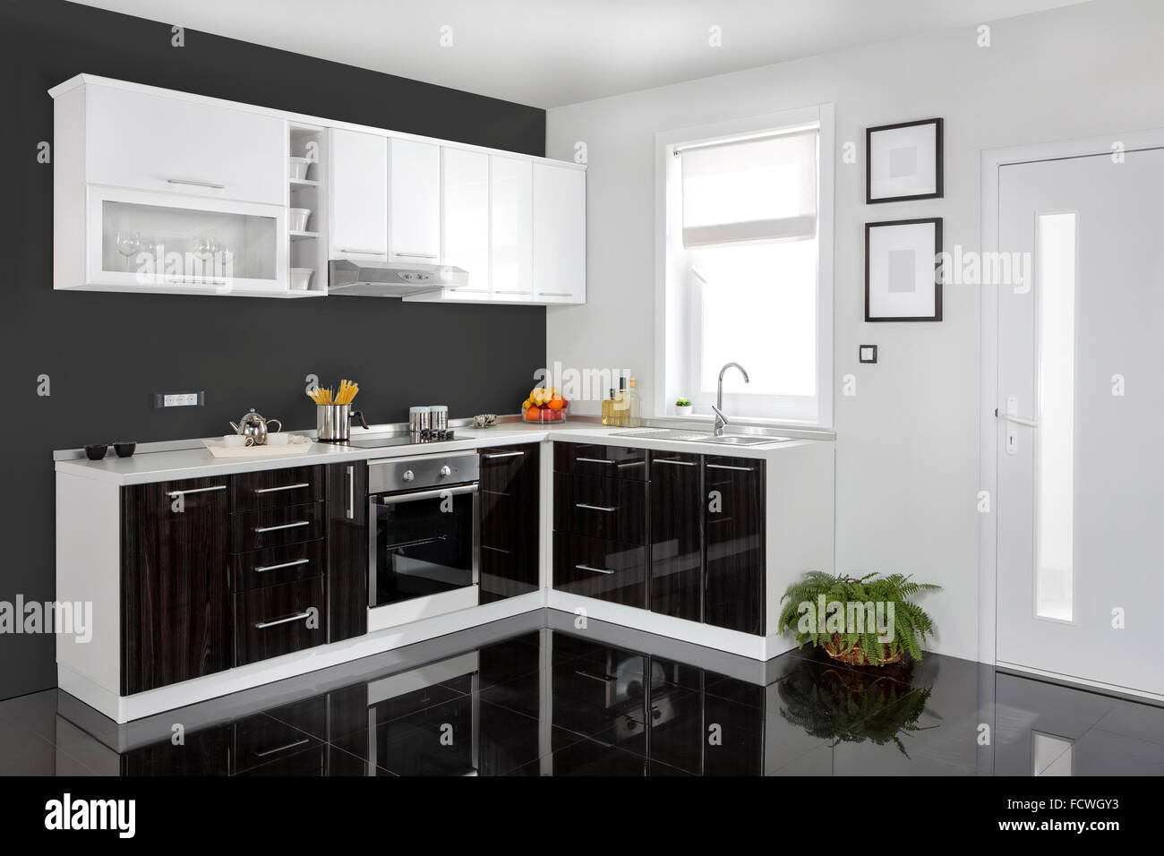 Interior of a modern kitchen, wooden furniture, simple and clean Stock ...