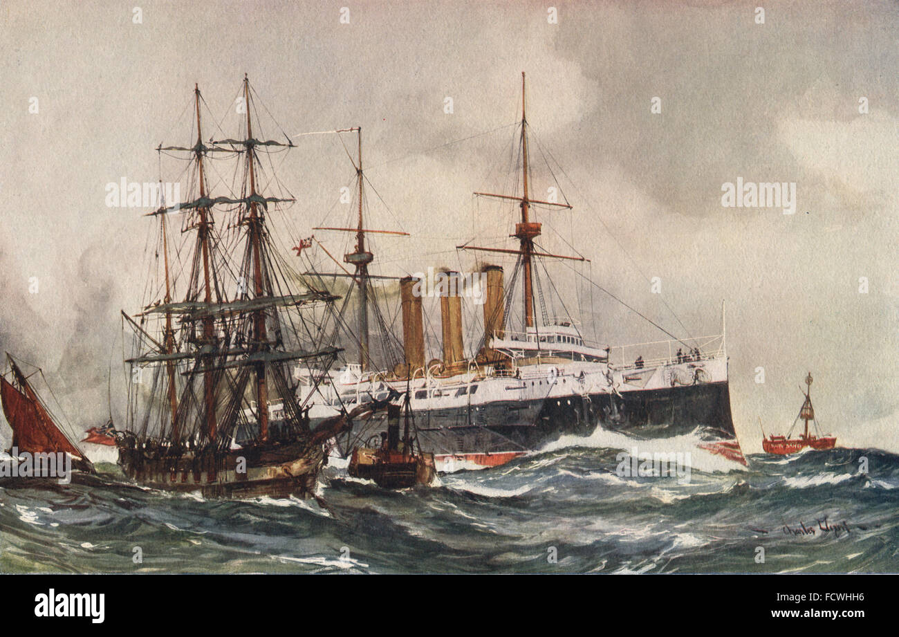 ROYAL NAVY: HMS "Kent" Passing South Sand Lightship. Armoured Cruiser ...