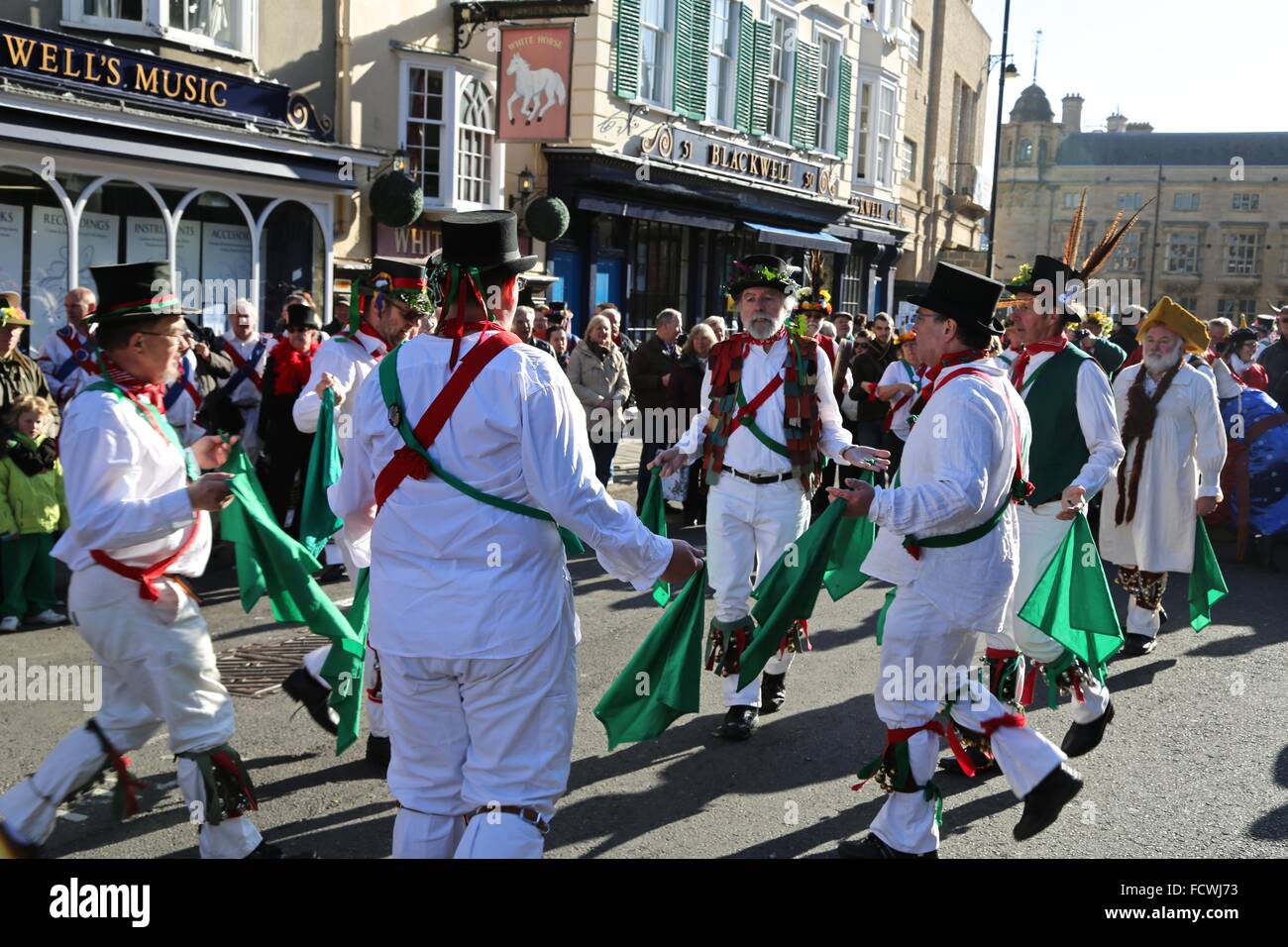 Morris men dancing in Broad Street in the centre of Oxford as part of ...