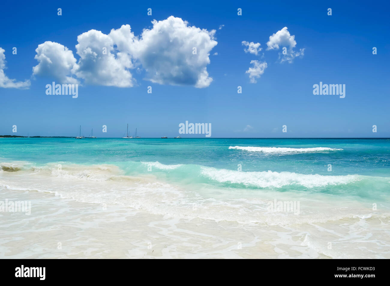 Beautiful White Sand Beach, Caribbean sea, Waves and Blue Sky Stock ...