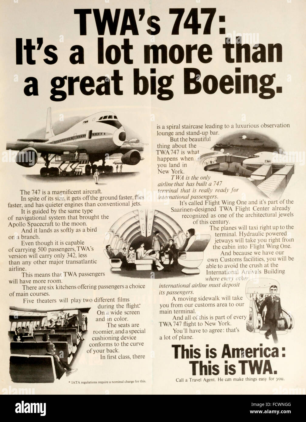 1970s magazine advertisement advertising TWA and Boeing 747 jets Stock ...