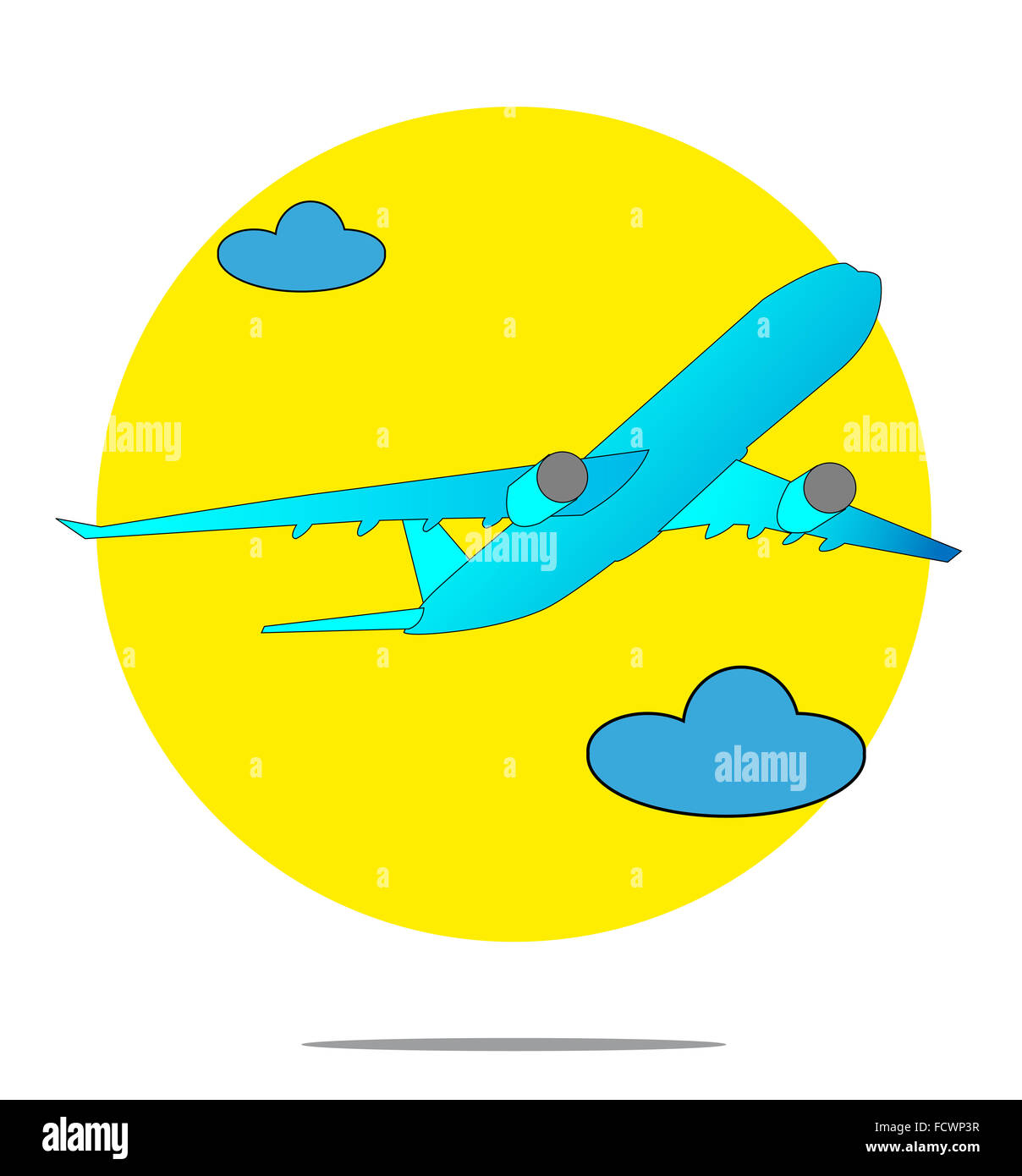Illustration of a blue airplane with yellow circle background Stock ...