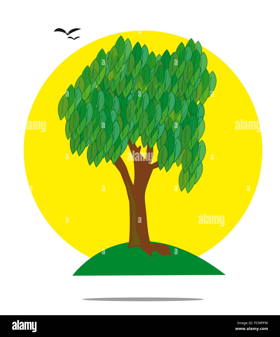 Illustration of a green tree with yellow sun Stock Photo - Alamy