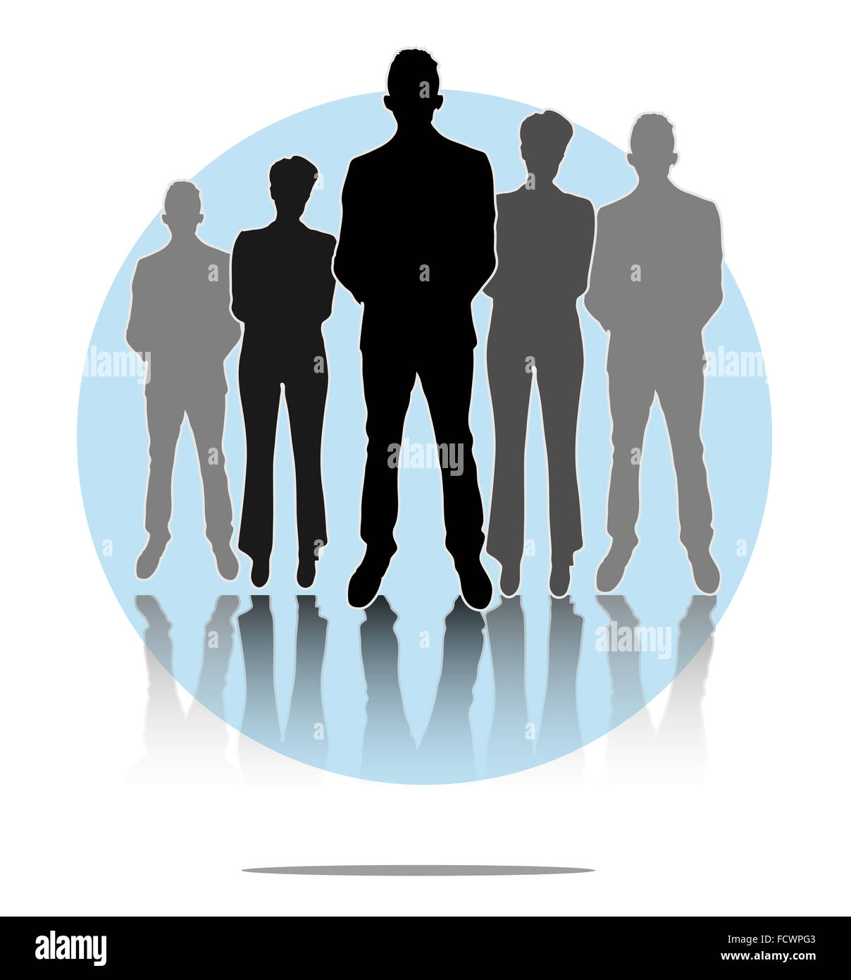 Illustration of business men and women group with light blue circle ...