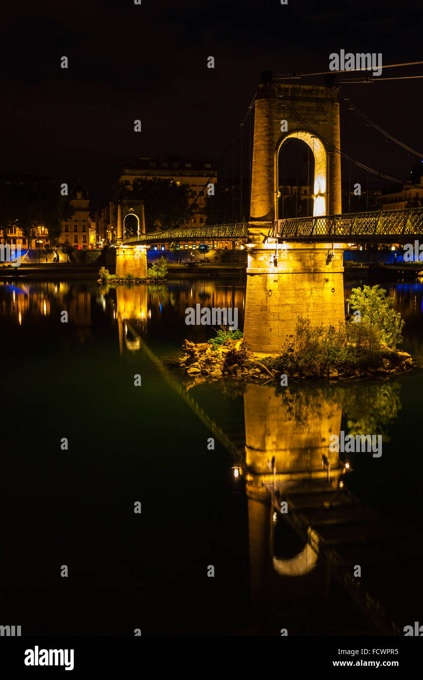 Old Passerelle du College bridge over Rhone river in Lyon, France at ...