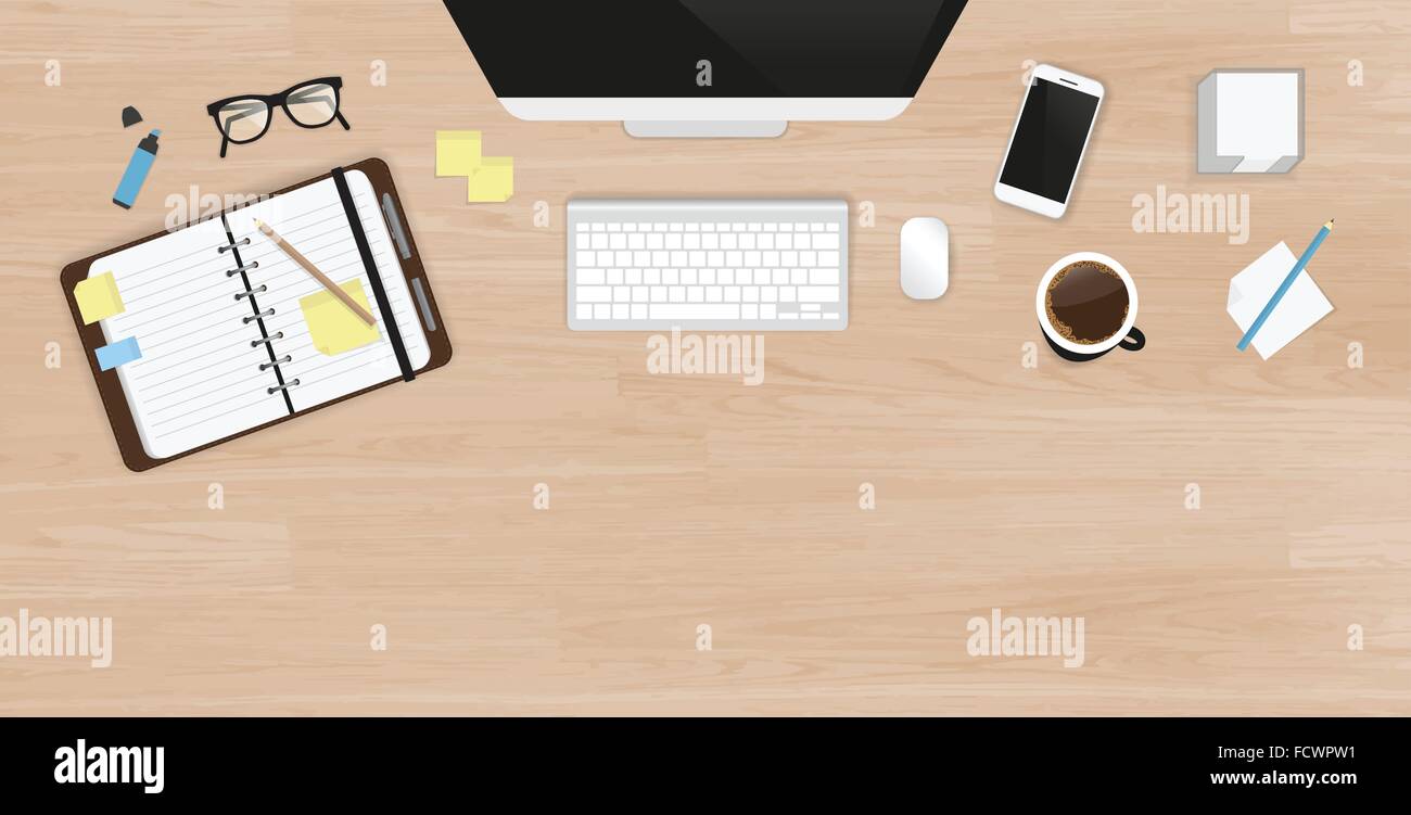 Realistic work desk organization top view with textured table Stock ...