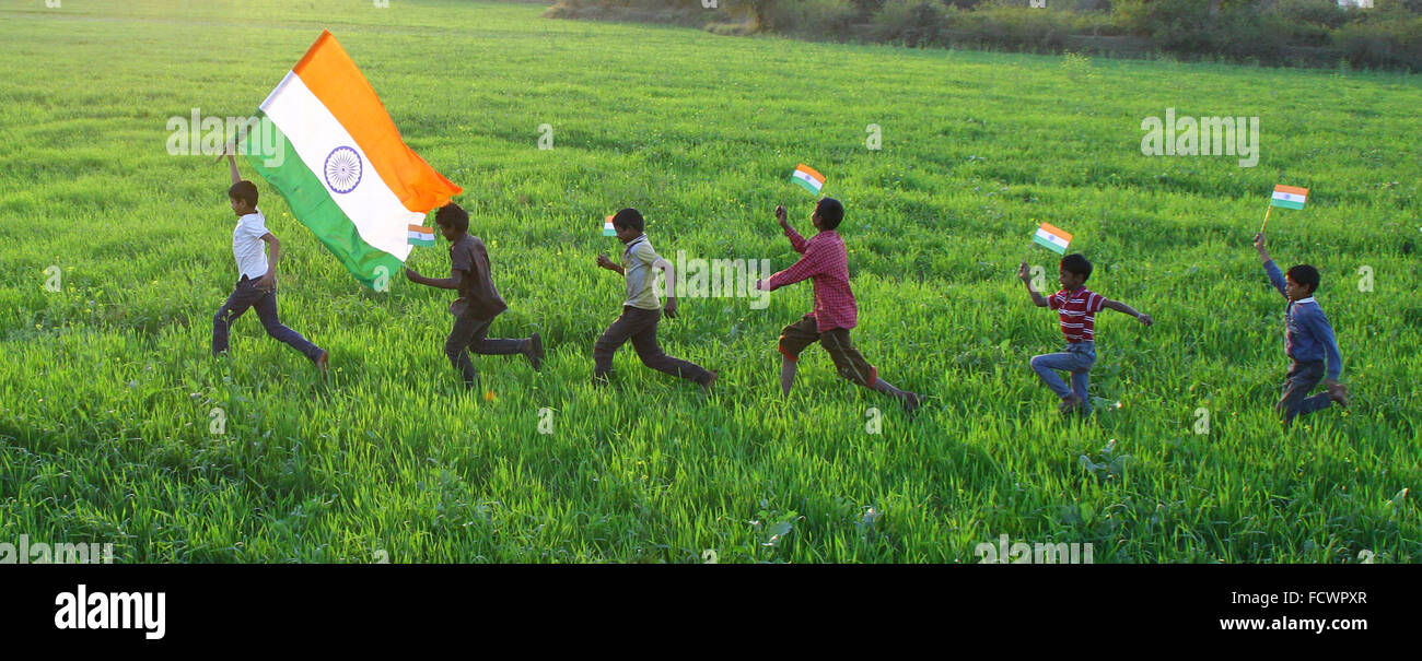 Indian children run with tricolor hi-res stock photography and images ...