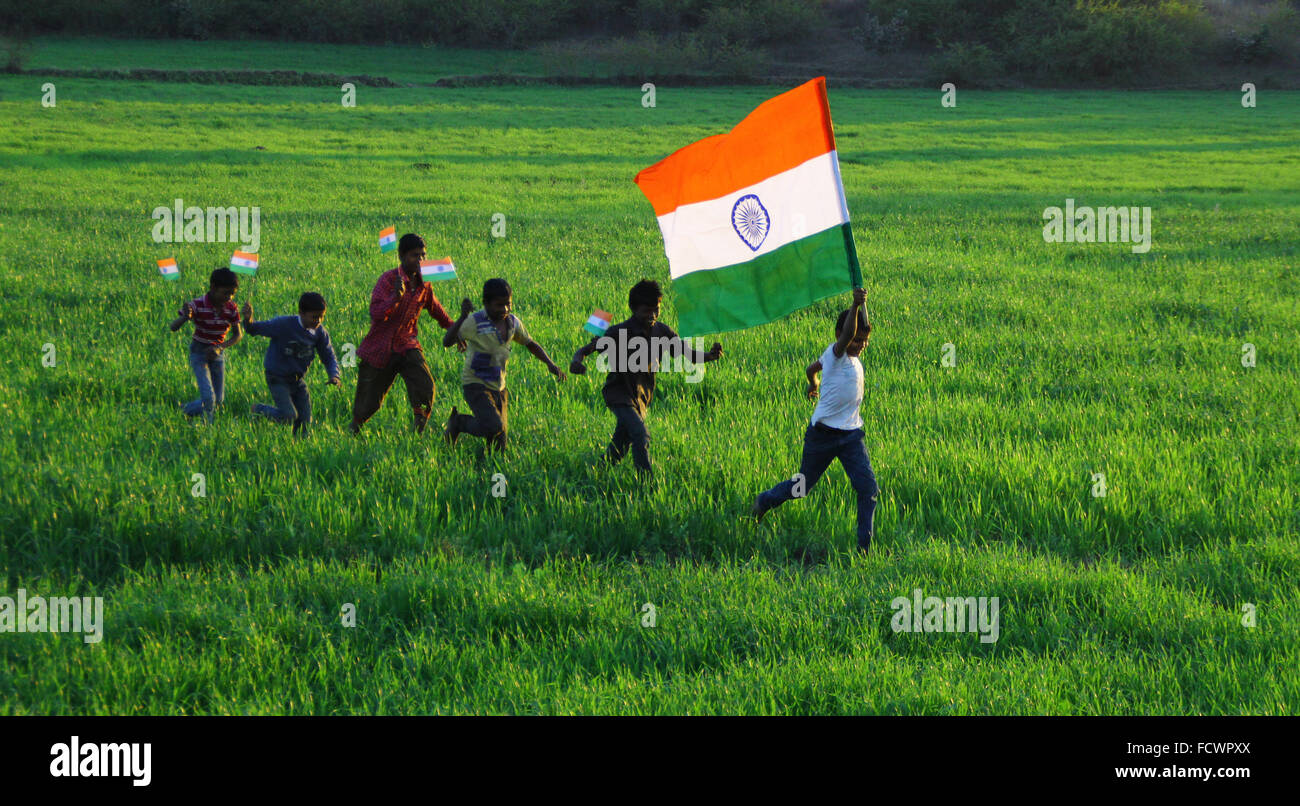 Indian children run with tricolor hi-res stock photography and images ...