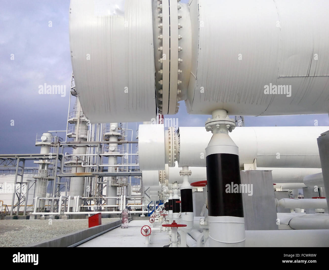 Heat exchangers in a refinery. The equipment for oil refining Stock ...