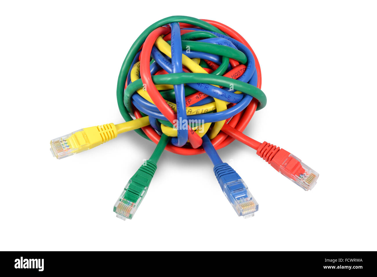 Ball of Brightly Multi Colored Network Cables and Plugs Isolated on ...
