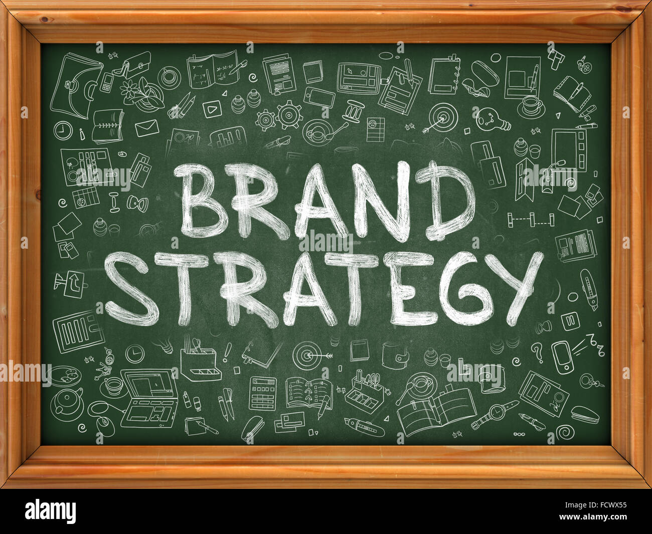 Green Chalkboard with Hand Drawn Brand Strategy with Doodle Icons ...