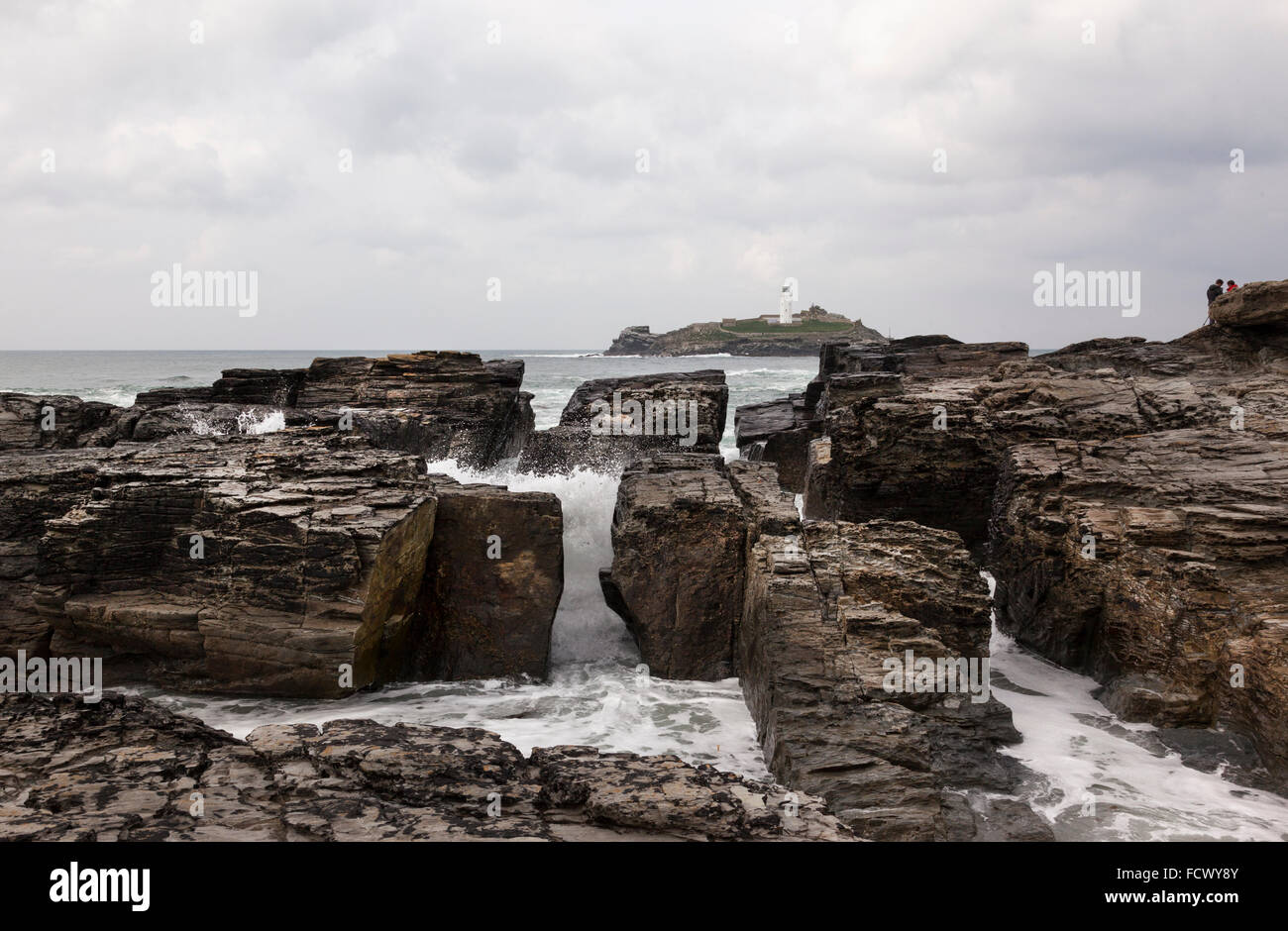 View of Godrevy island with lighthouse in October, Cornwall Stock Photo ...
