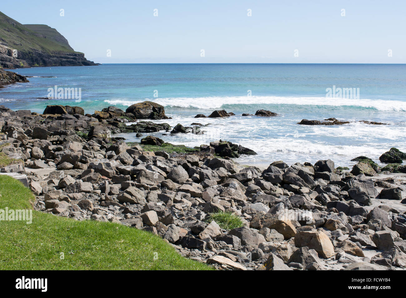 Typical landscape on the Faroe Islands as seen from Husavik with green ...