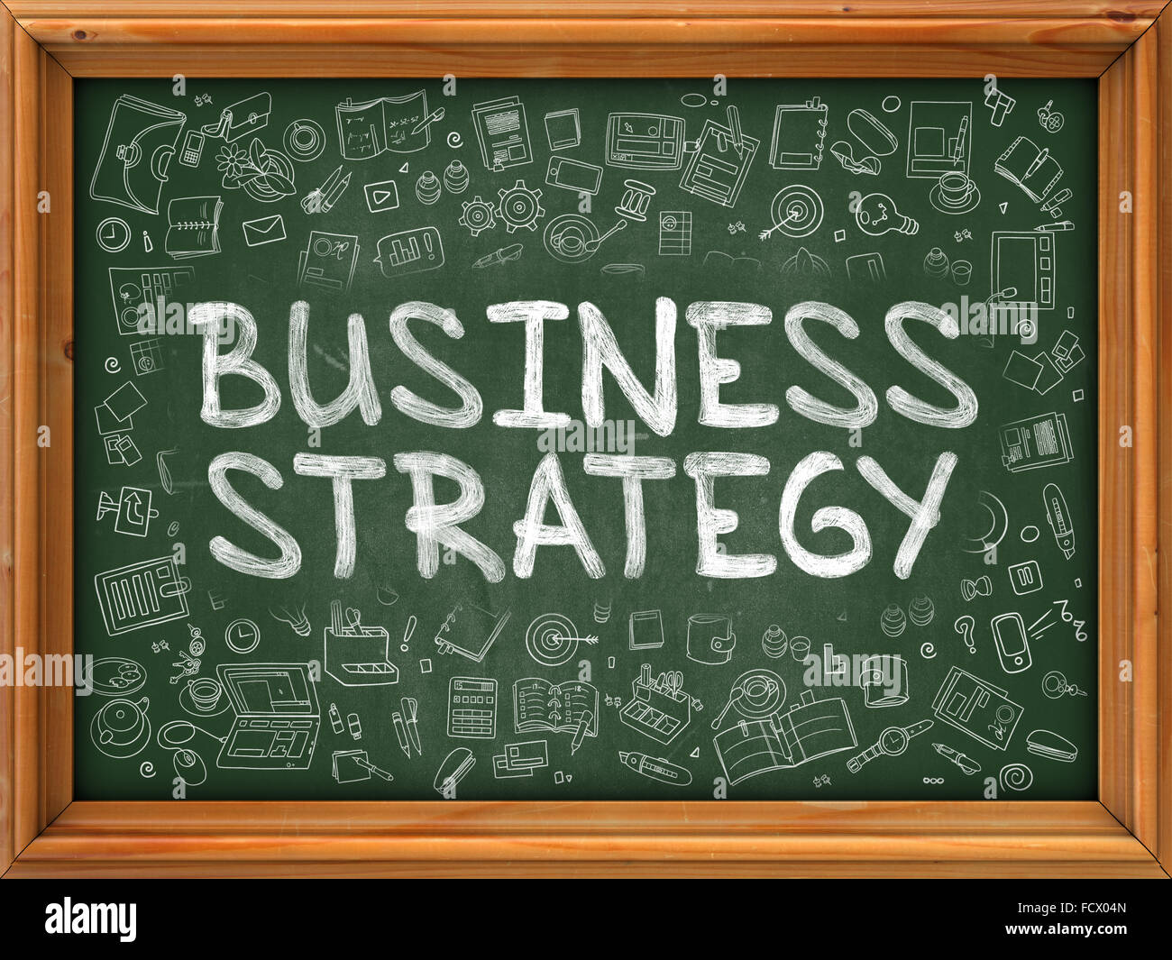 Green Chalkboard with Hand Drawn Business Strategy with Doodle Icons ...