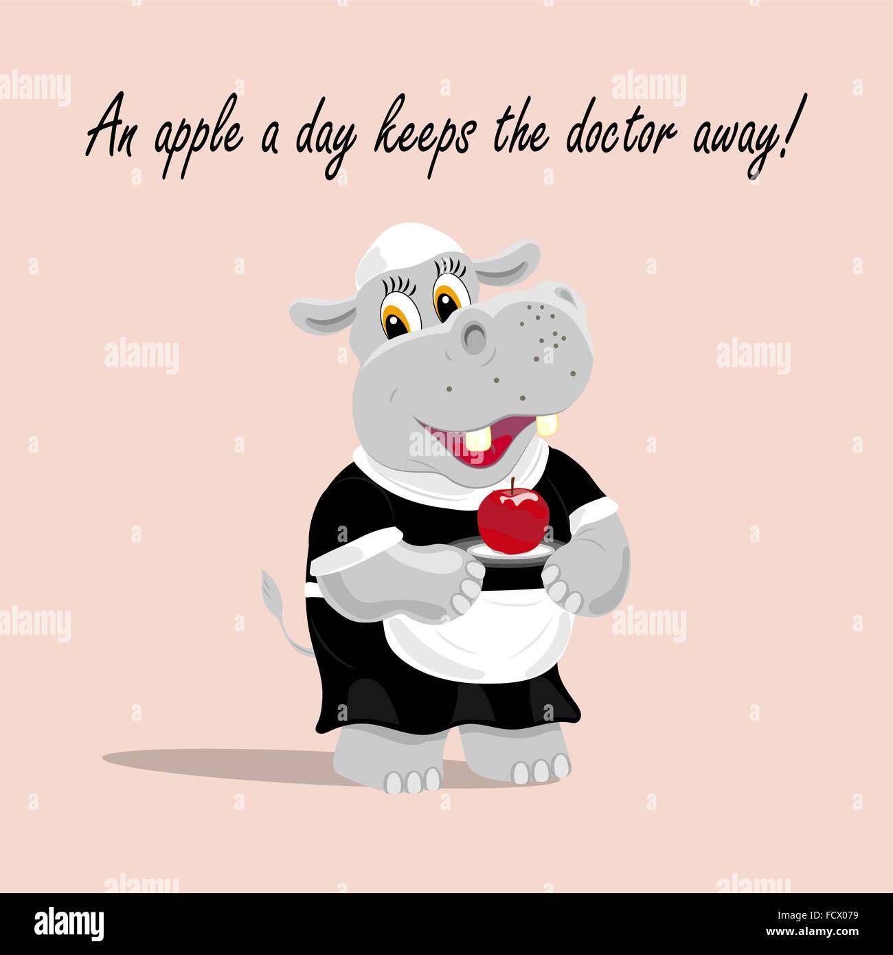 Vector illustration with a cute hippo waiter holding an apple on a ...