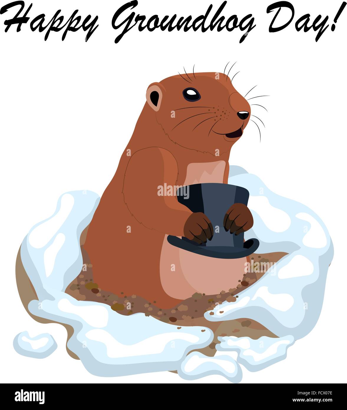 Vector illustration with cute groundhog holding black hat out of a hole ...