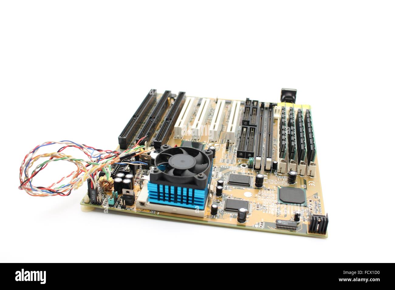 Computer motherboard - components on a white background - low aperture ...