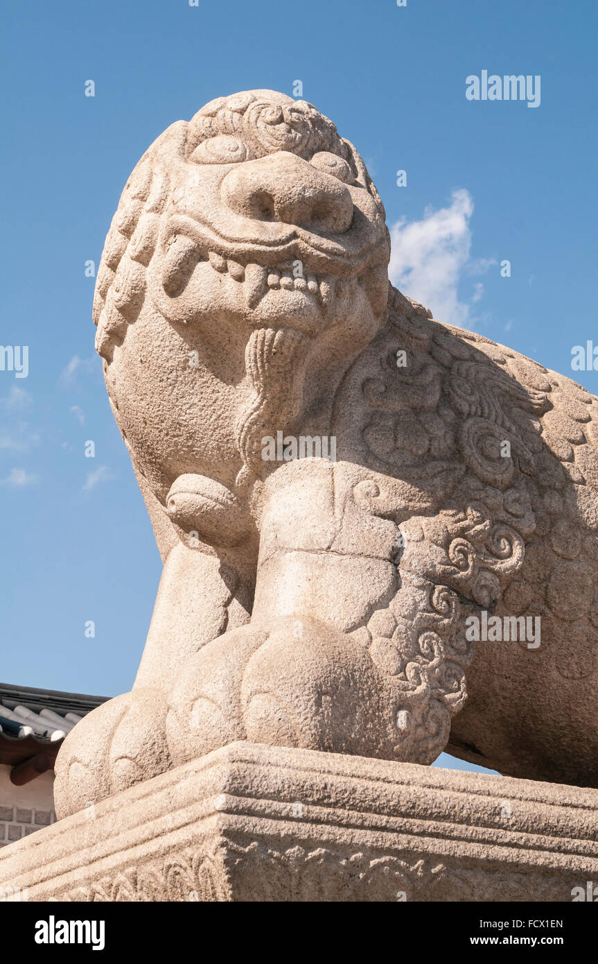 Haetae, stone statue of legendary creature in Korean mythology, at ...