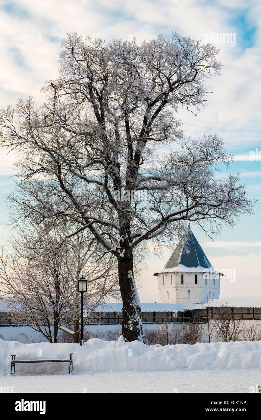 The tower of the monastery, a tree and a bench Stock Photo - Alamy