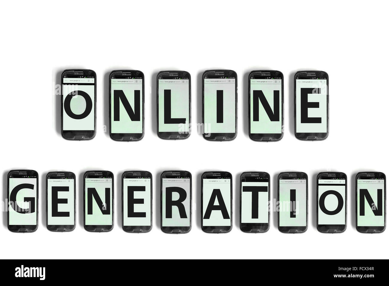 Online Generation written on the screen of smartphones photographed ...
