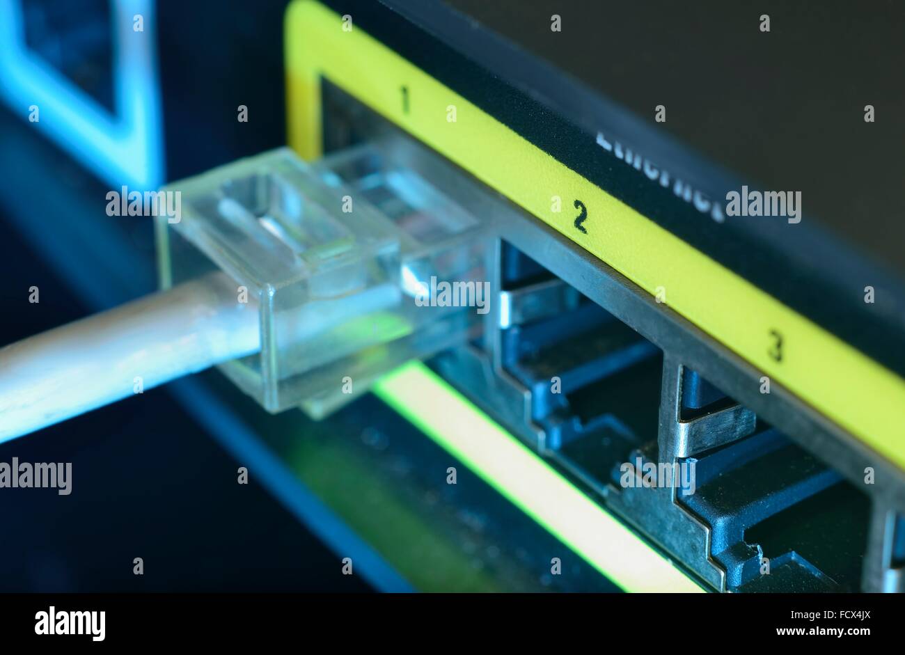 sockets in router or switch (twisted pair with rj45 Stock Photo - Alamy