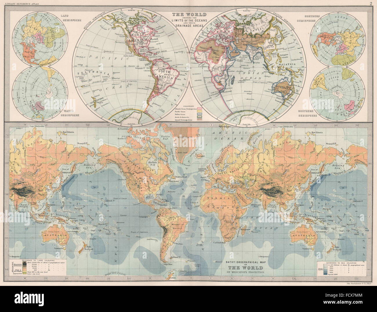 WORLD: Ocean drainage-watersheds. Relief. BARTHOLOMEW, 1890 antique map ...
