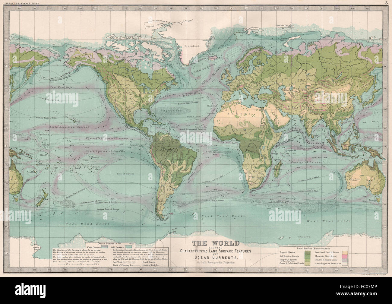WORLD: Land surface features and Ocean currents. BARTHOLOMEW, 1890 ...