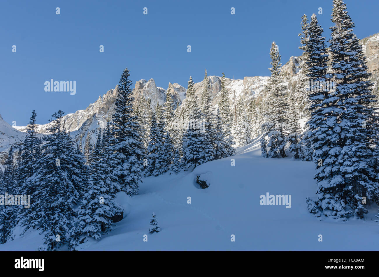 Snowy scene in Colorado mountains as lakes, trees, and mountains all ...