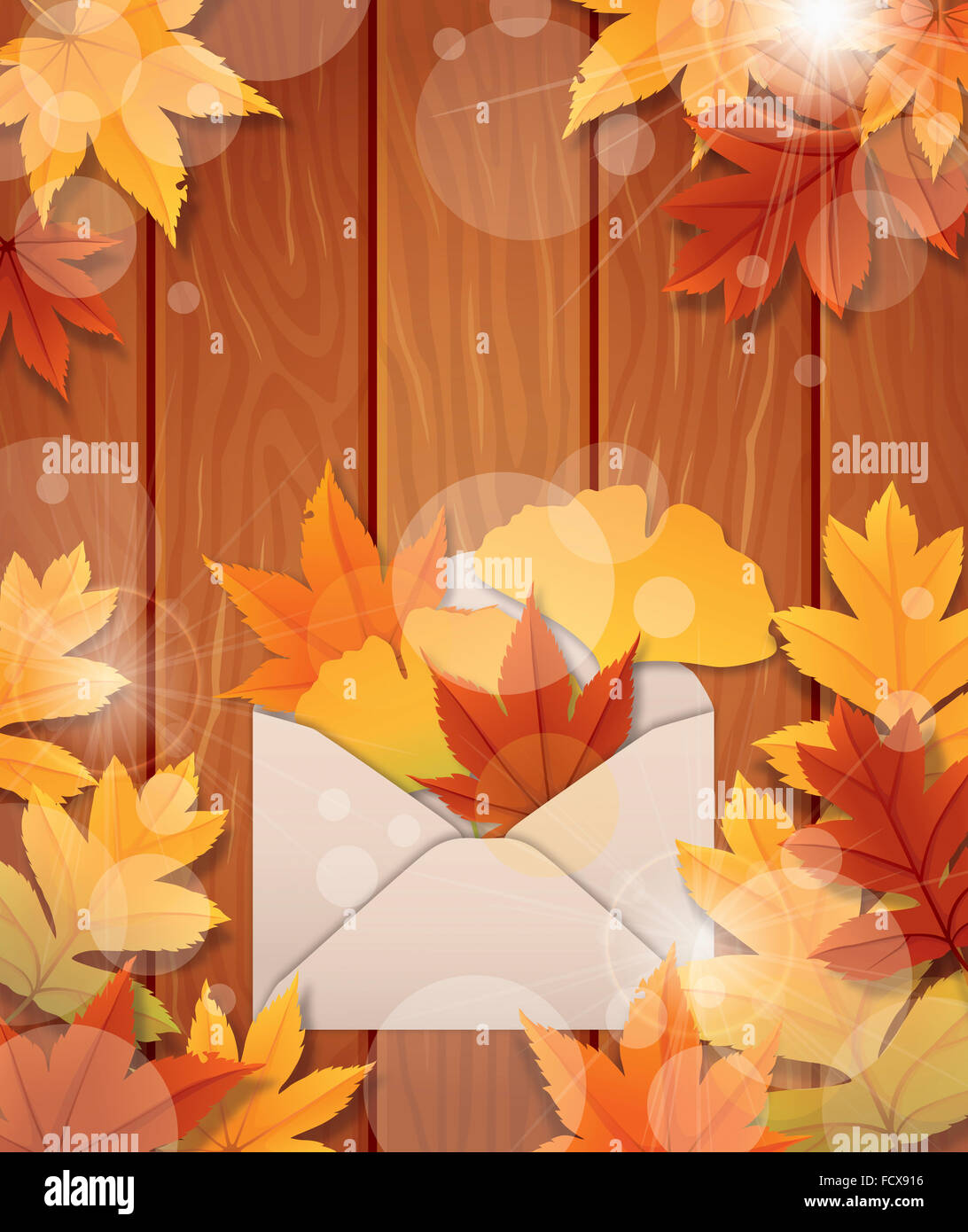 Background of fall with autumn leaves, envelope against wood Stock ...