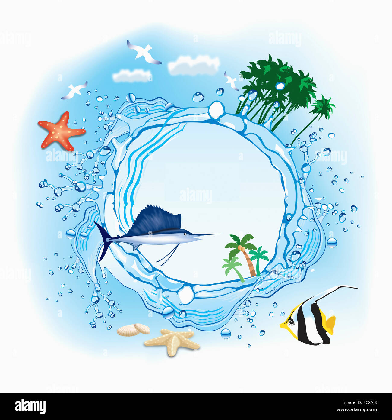 Circle frame with splash of water and background of summer vacation ...