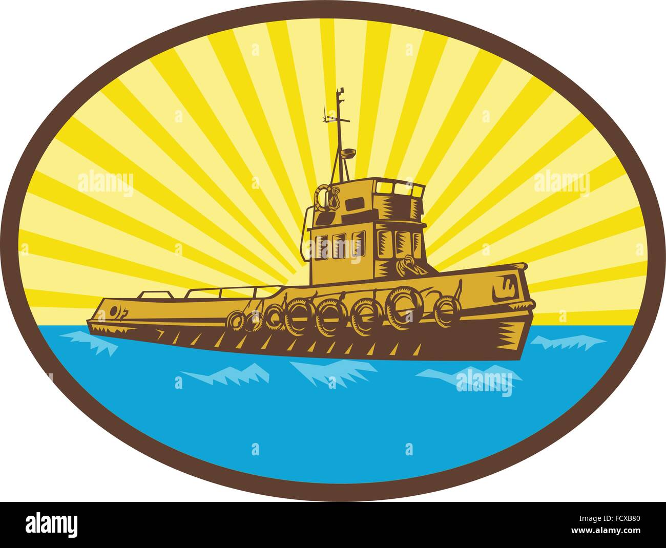 Illustration of a tugboat viewed from the side set inside oval shape ...