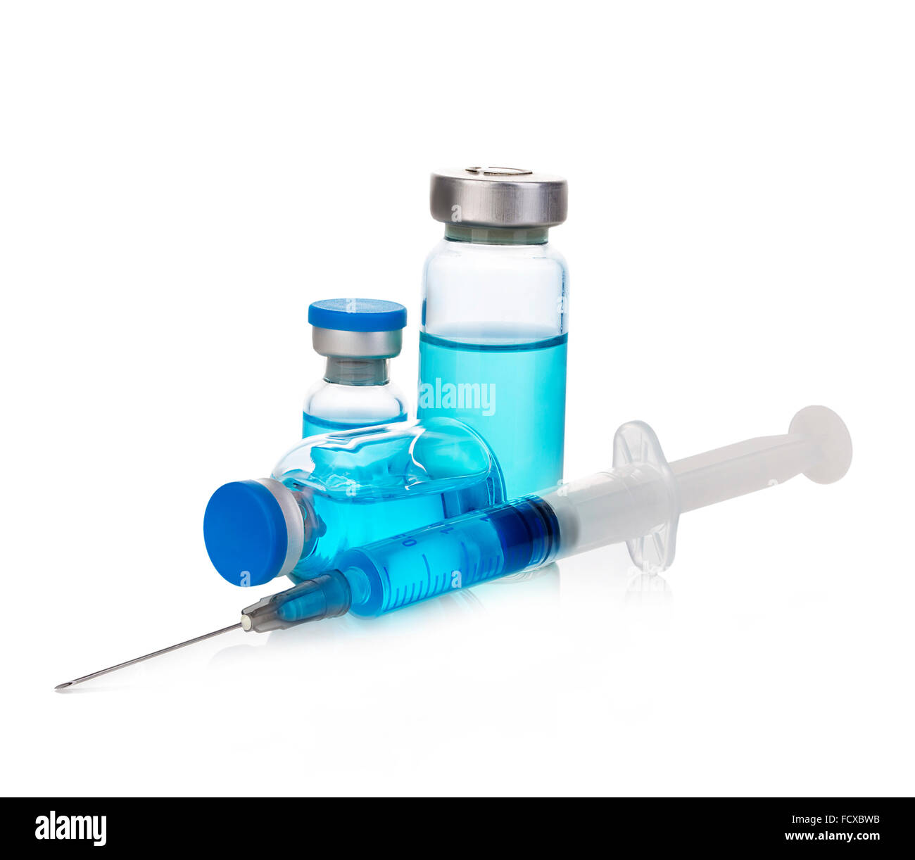 Sterile medical vials with blue medication solution, ampoules, and ...