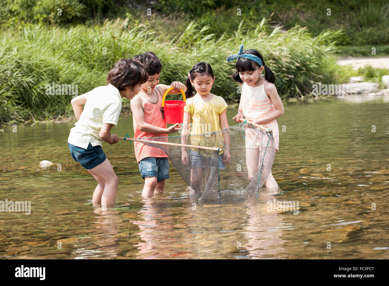 Four kids having fun for summer vacation in the water of the stream ...