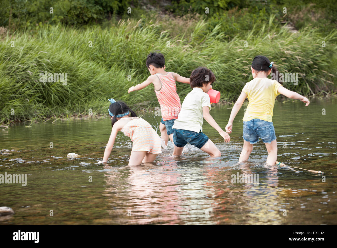 Back appearance of four kids having fun in the water of the stream ...