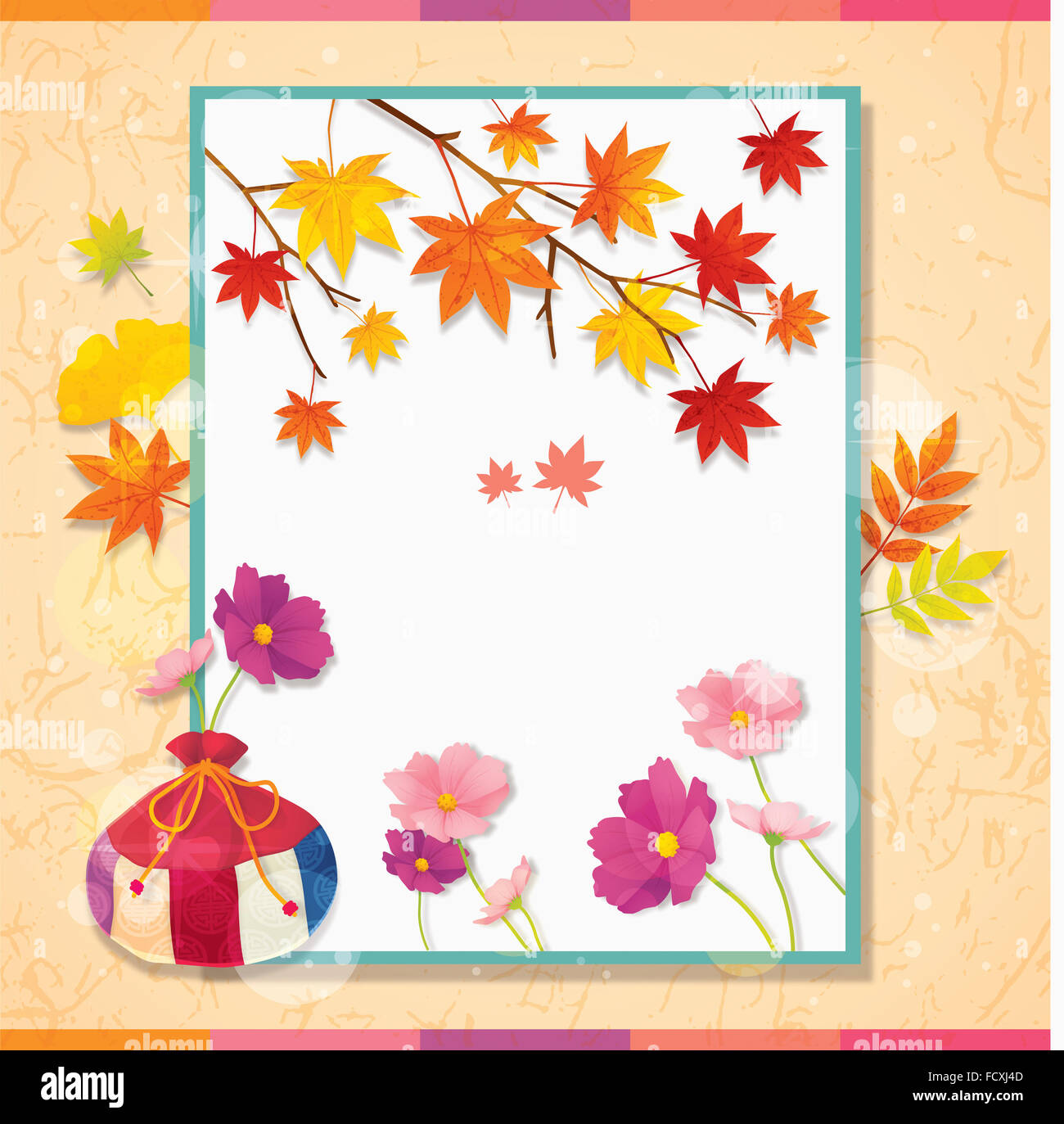 Frame with autumn leaves, cosmos flowers and traditional Korean fortune ...