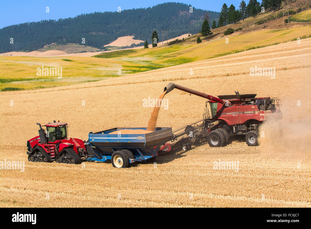 One or more combines offloading grain to a tractor pulled grain cart in ...