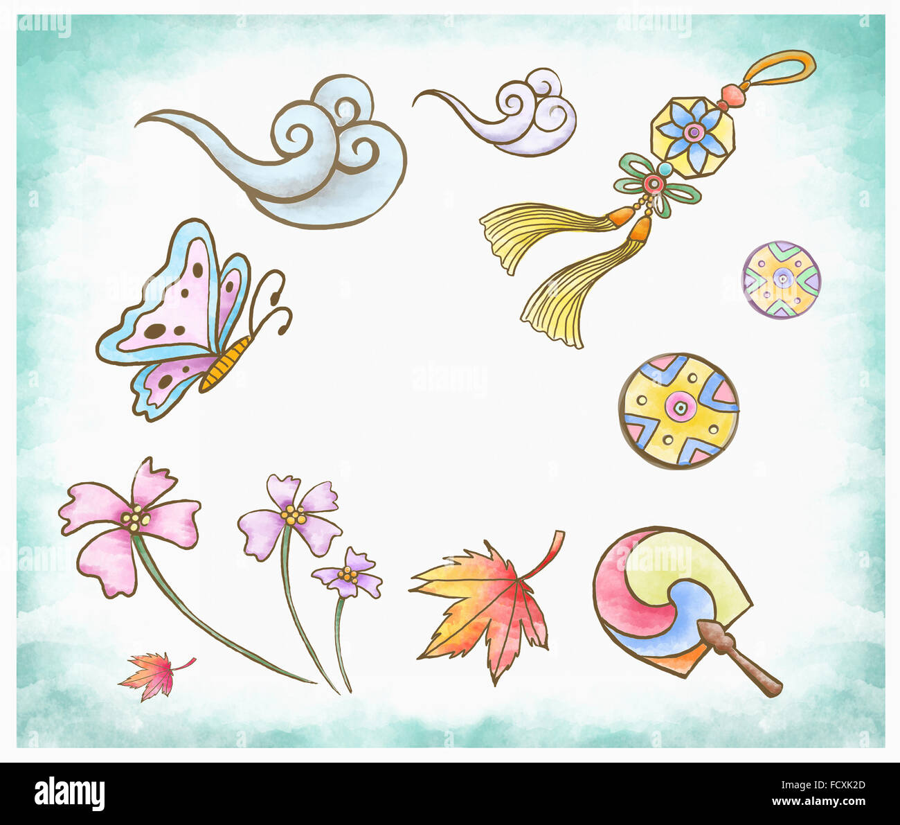 Icons of various objects about traditional Korean culture and fall ...