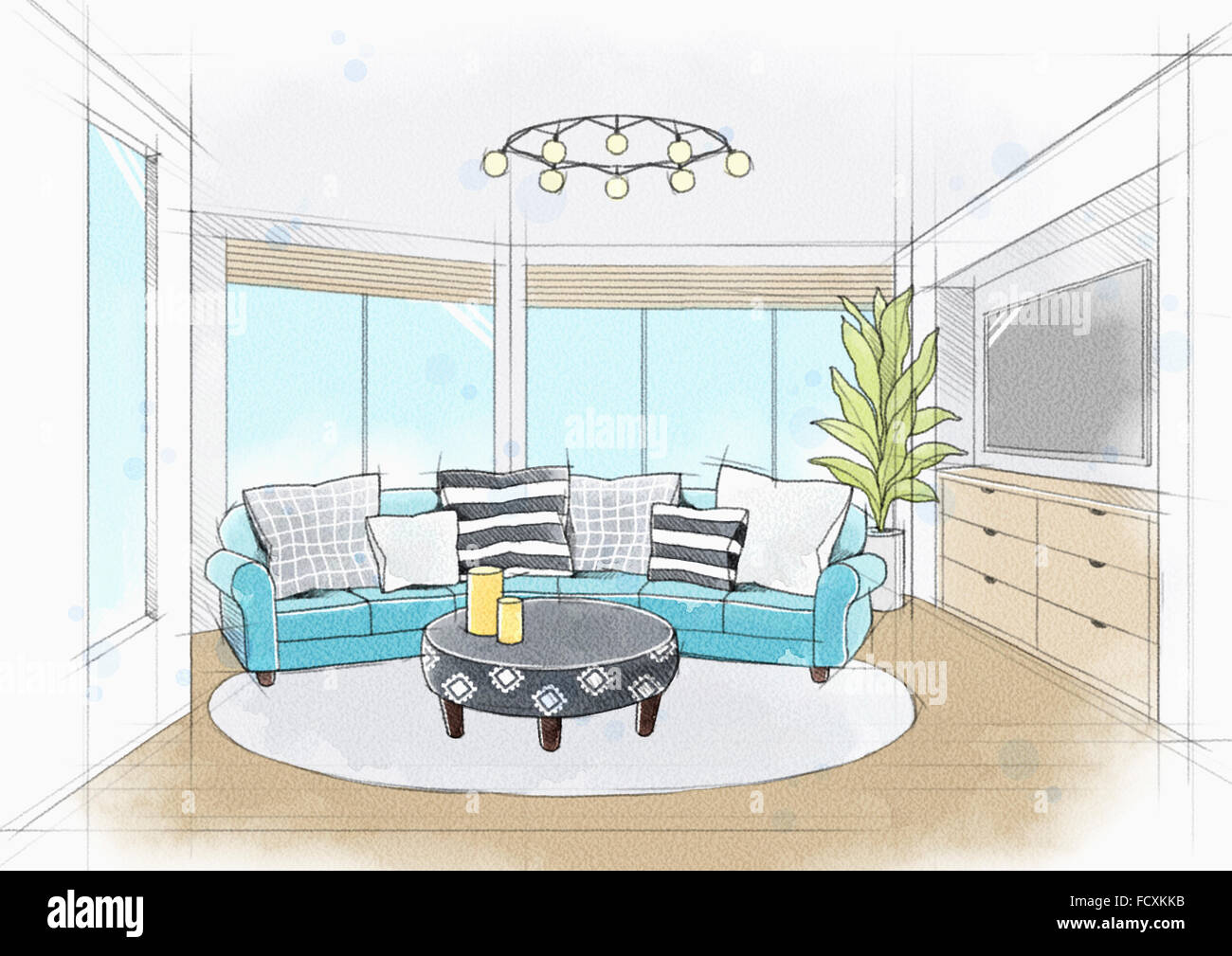 Watercolor living room interior Stock Photo - Alamy