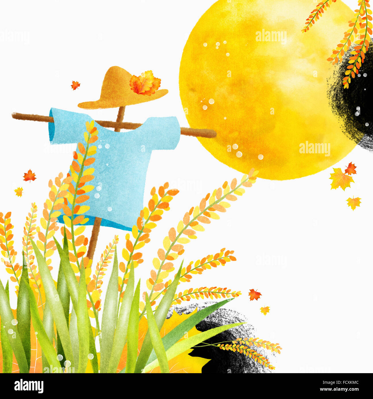 Traditional Korean holiday, Chuseok with scarecrow and full moon in ...
