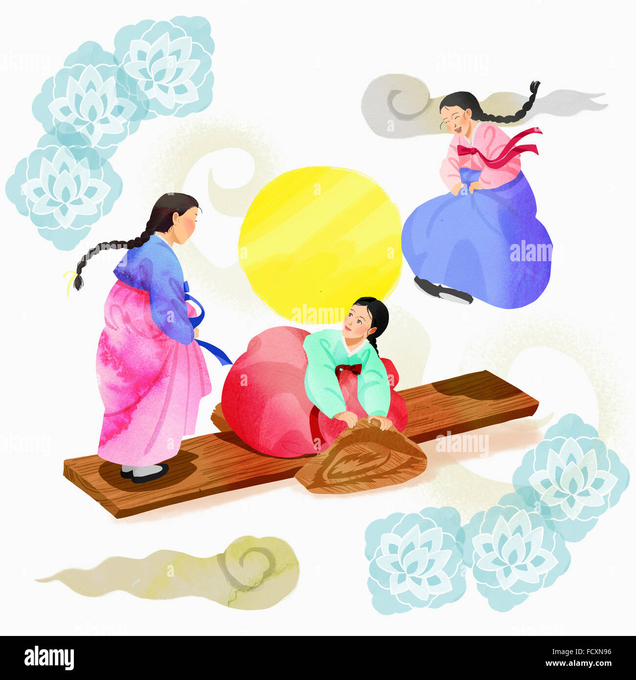 Three women in hanboks enjoying traditional Korean folk play ...