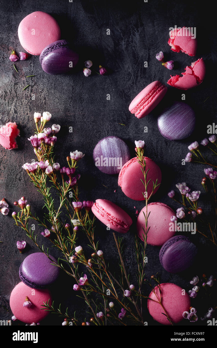 Still life of pink and purple macarons with flowers Stock Photo - Alamy