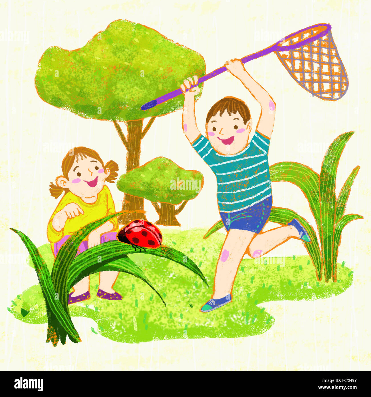 Boy and girl collecting insects at forest Stock Photo - Alamy