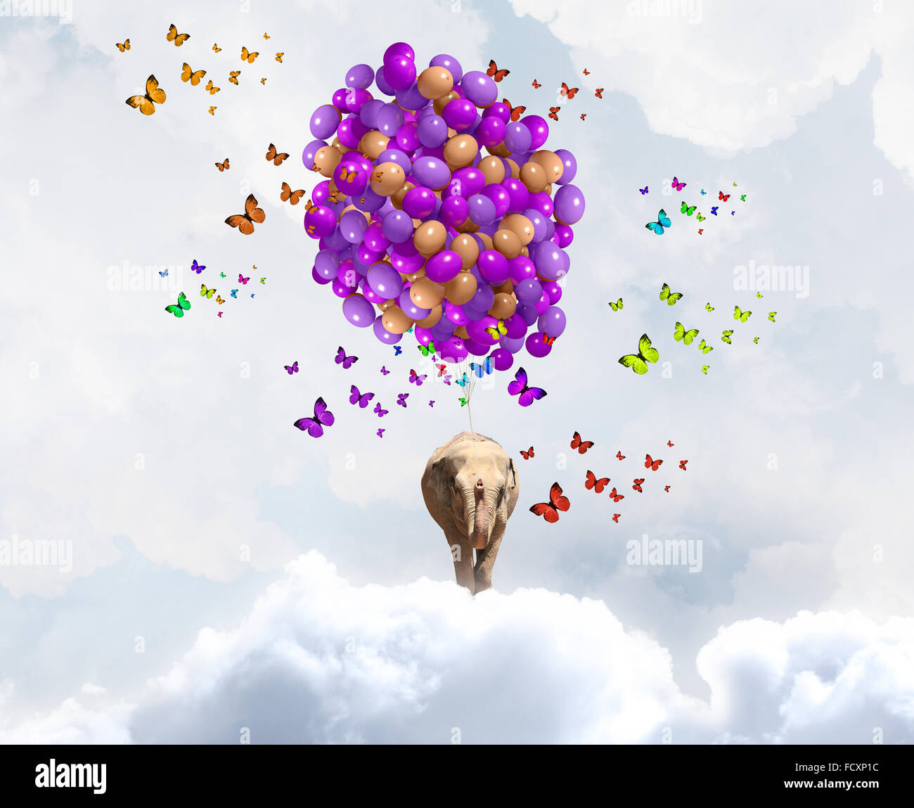 Sunny image of elephant flying in sky on aerostat Stock Photo - Alamy