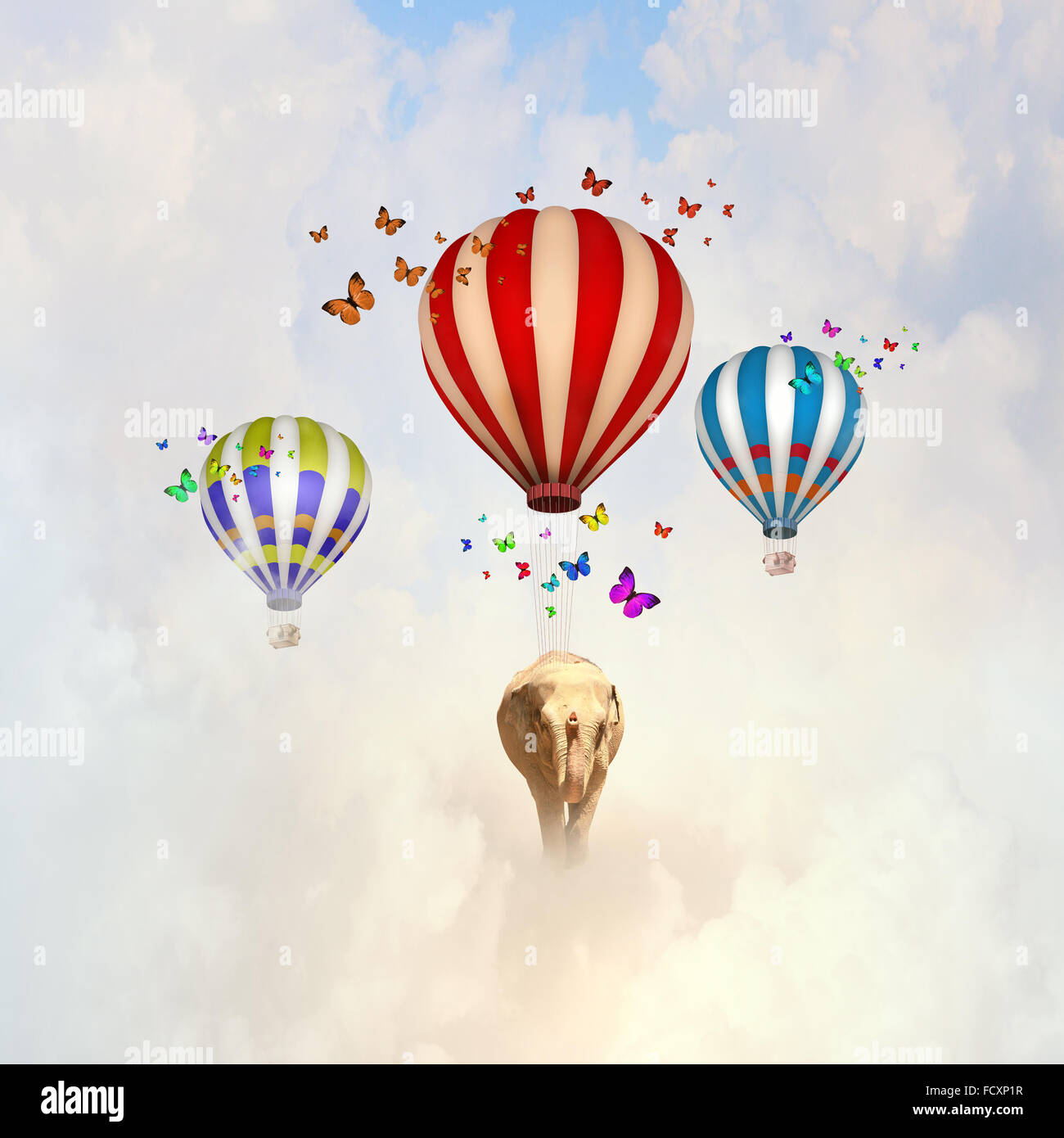 Sunny image of elephant flying in sky on aerostat Stock Photo - Alamy