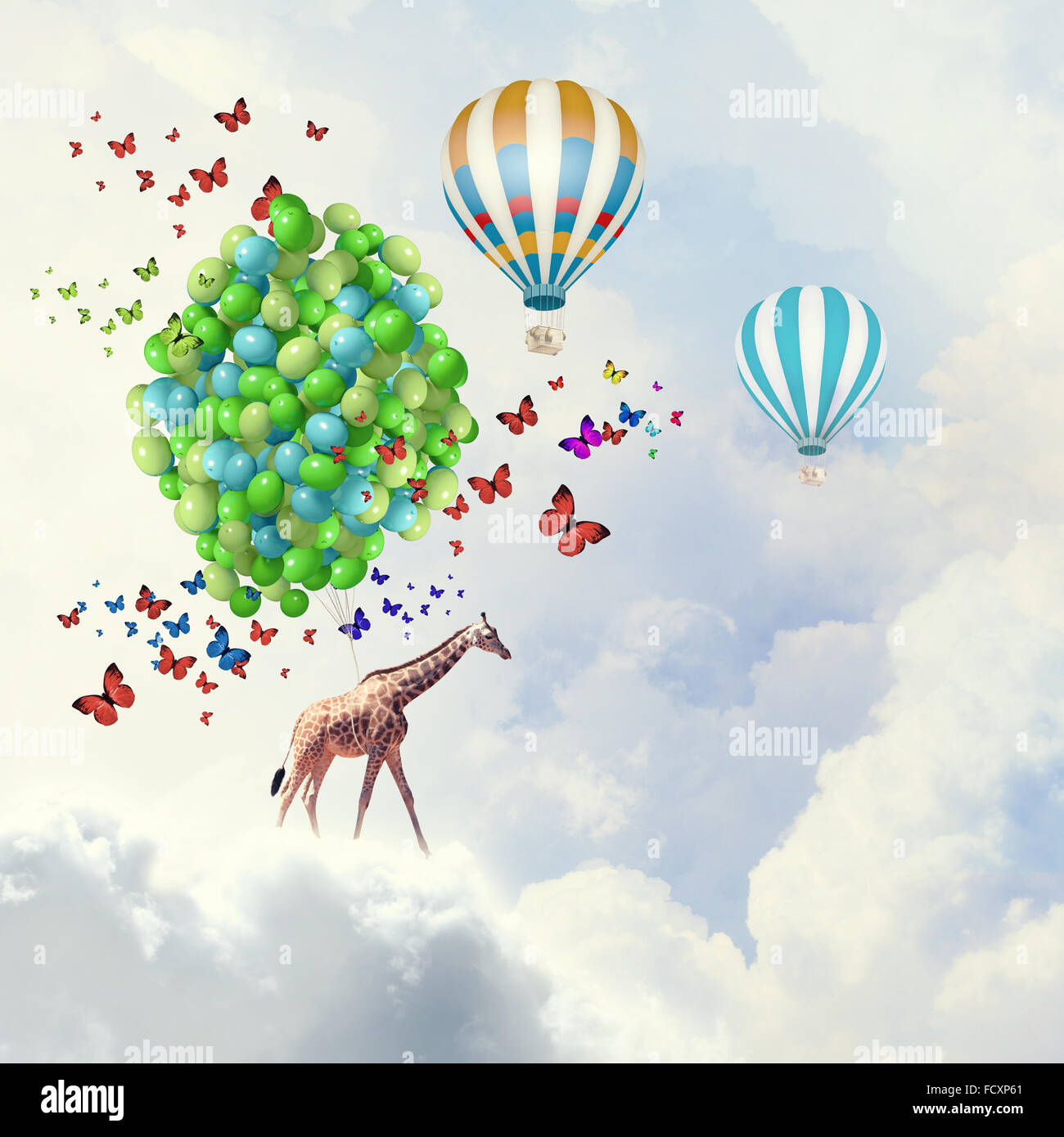 Sunny image of giraffe flying high in sky on aerostat Stock Photo - Alamy