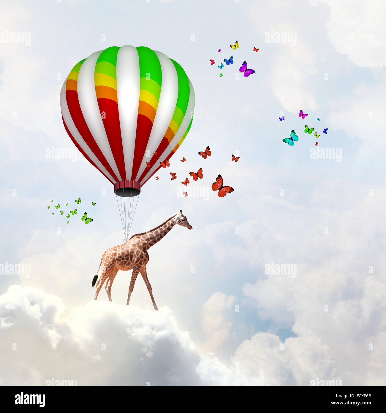 Sunny image of giraffe flying high in sky on aerostat Stock Photo - Alamy